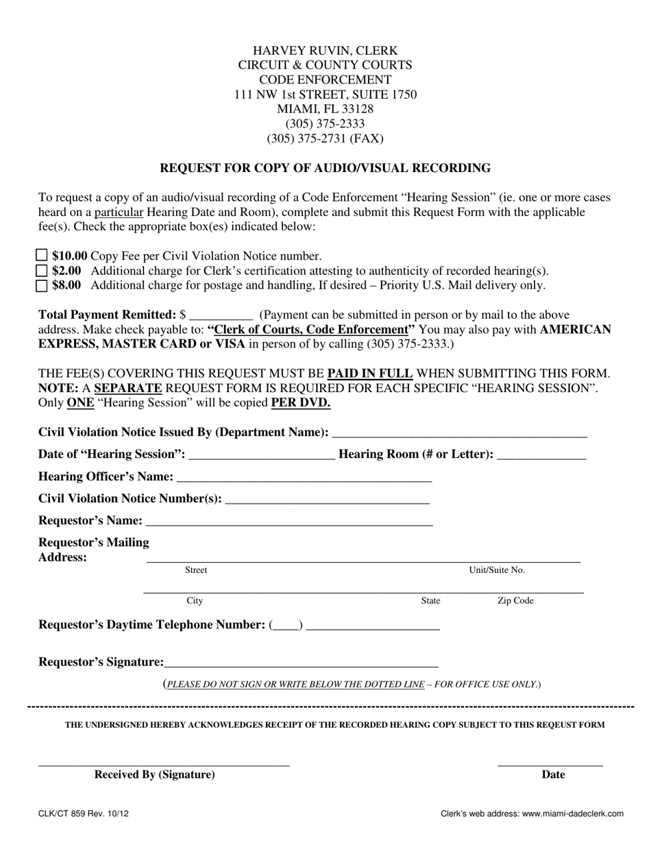 Form CLK/CT859 - Fill Out, Sign Online and Download Fillable PDF, Miami ...