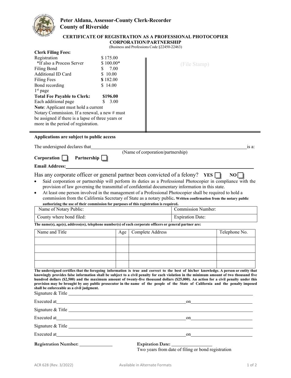 Form ACR628 - Fill Out, Sign Online and Download Printable PDF, County ...