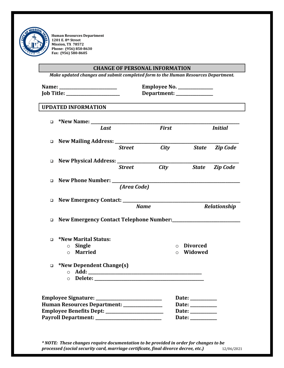 City of Mission, Texas Change of Personal Information - Fill Out, Sign ...
