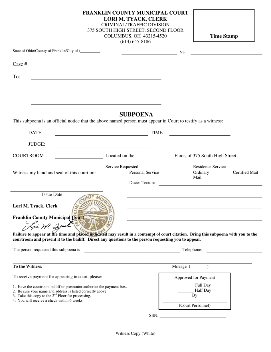 Franklin County, Ohio Criminal Subpoena - Fill Out, Sign Online and ...
