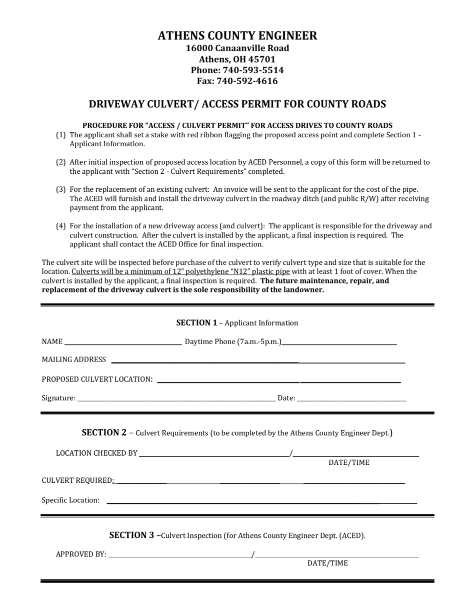 Athens County, Ohio Driveway Culvert/Access Permit for County Roads ...
