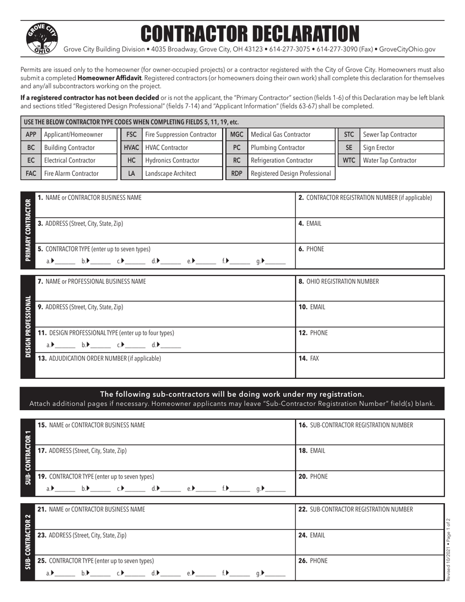 Grove City, Ohio Contractor Declaration - Fill Out, Sign Online and ...