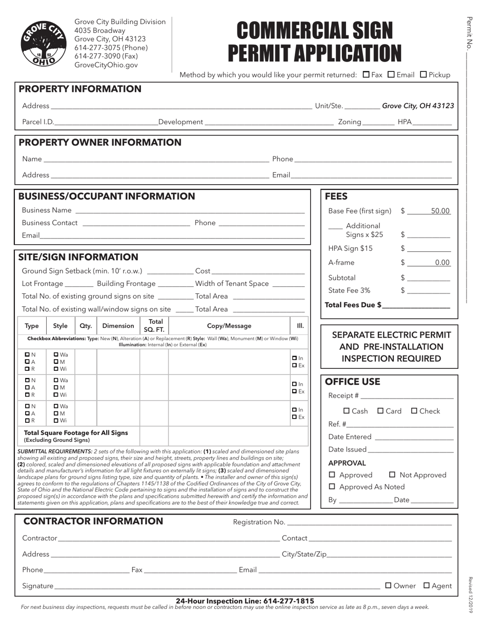 Grove City, Ohio Commercial Sign Permit Application - Fill Out, Sign ...