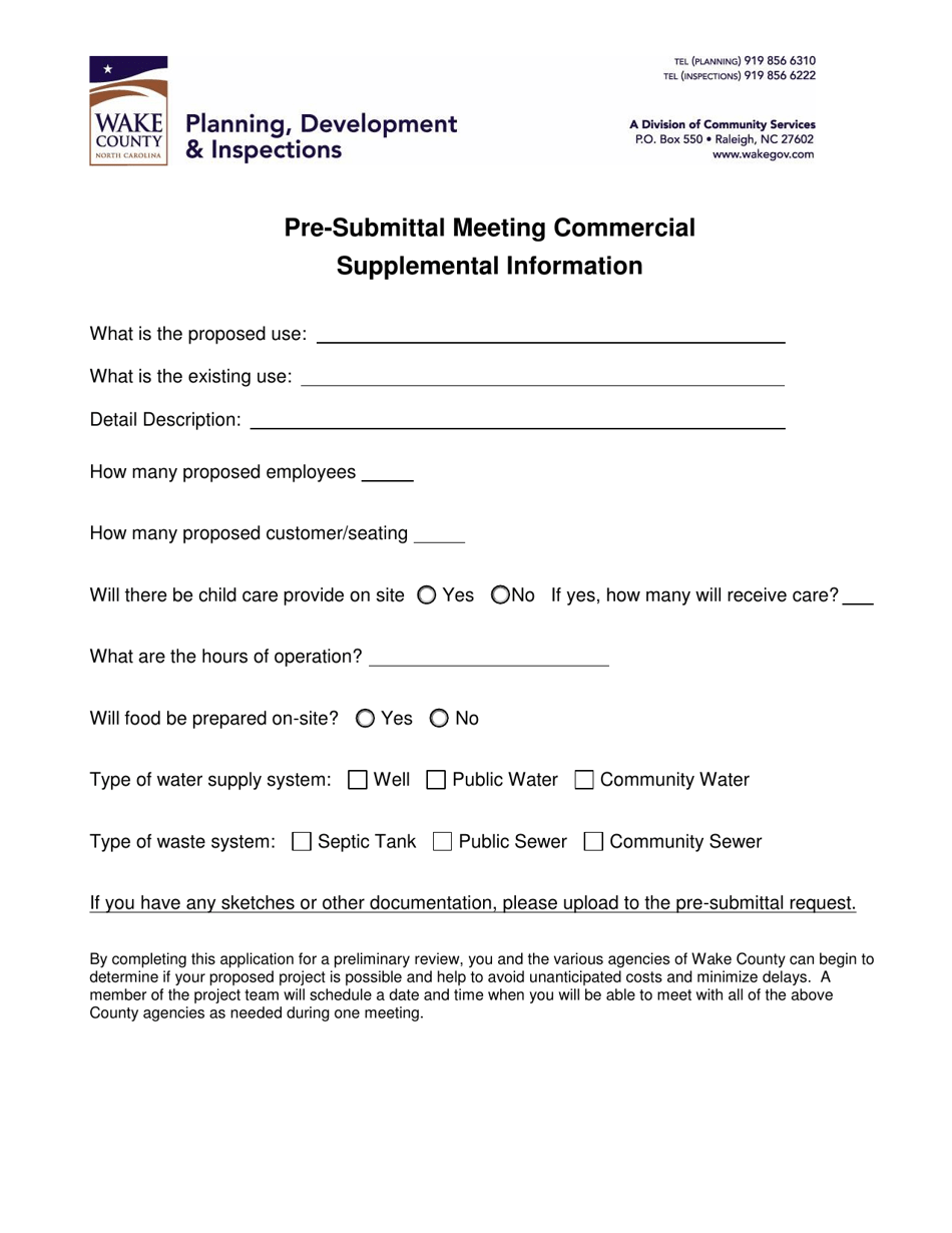 Wake County, North Carolina Pre-submittal Meeting Commercial Supplemental Information - Fill Out ...