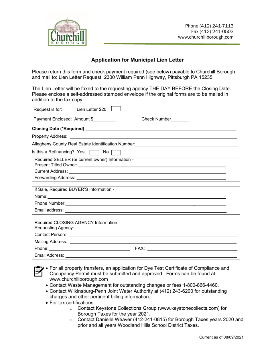 Borough of Churchill, Pennsylvania Application for Municipal Lien ...