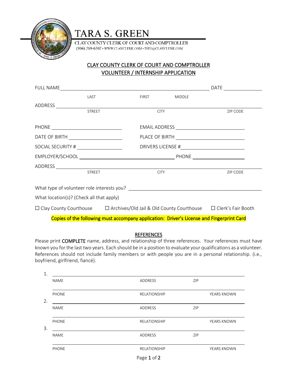 Clay County, Florida Volunteer/Internship Application - Fill Out, Sign ...