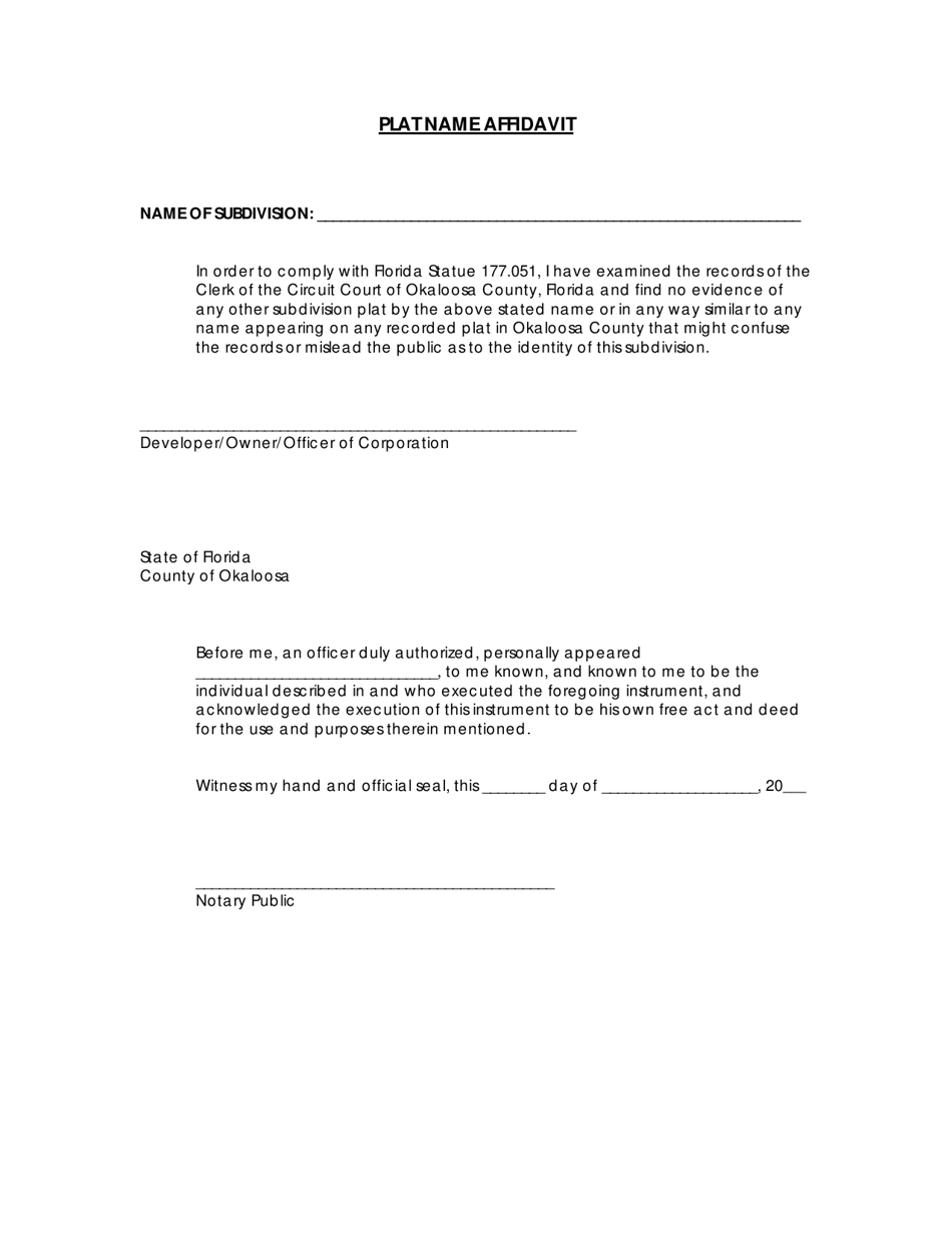 Okaloosa County, Florida Plat Name Affidavit - Fill Out, Sign Online ...