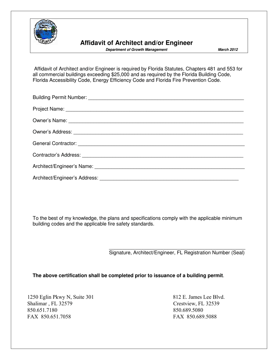 Okaloosa County, Florida Affidavit of Architect and/or Engineer - Fill Out, Sign Online and ...