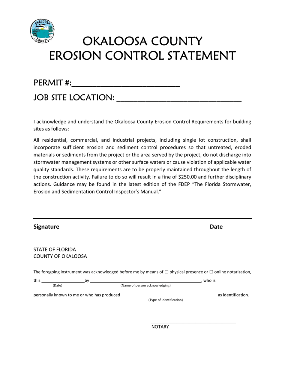 Okaloosa County, Florida Erosion Control Statement - Fill Out, Sign Online and Download PDF ...