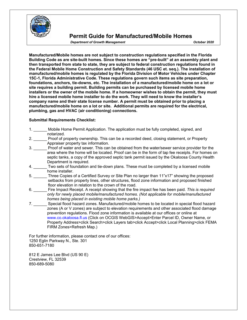 Okaloosa County, Florida Mobile Home Permit Application - Fill Out, Sign Online and Download PDF ...