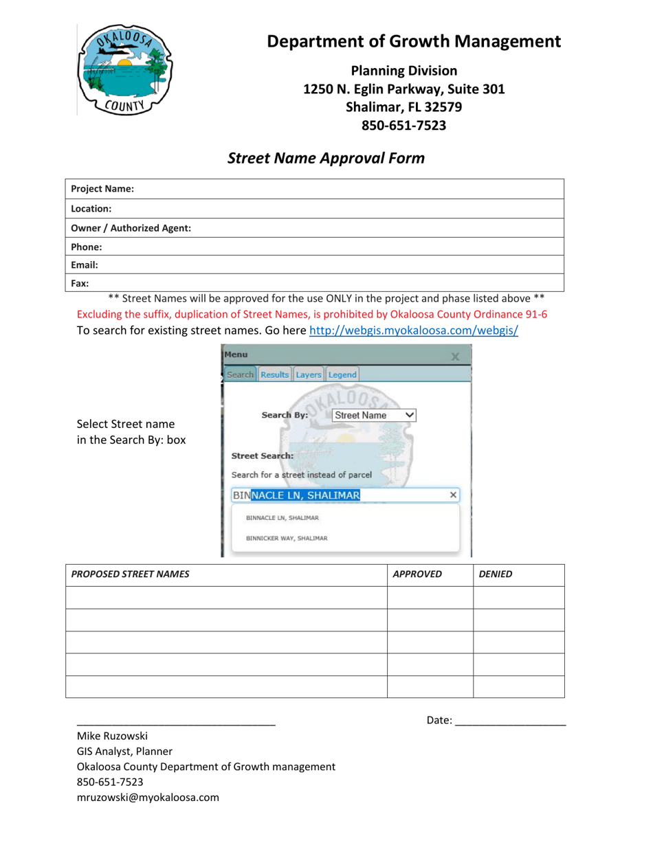 Okaloosa County, Florida Street Name Approval Form - Fill Out, Sign ...