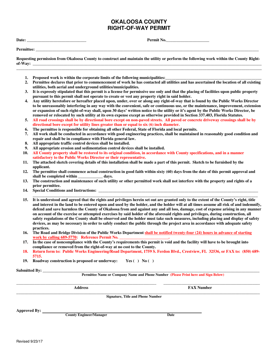 Okaloosa County, Florida Right-Of-Way Permit - Fill Out, Sign Online ...