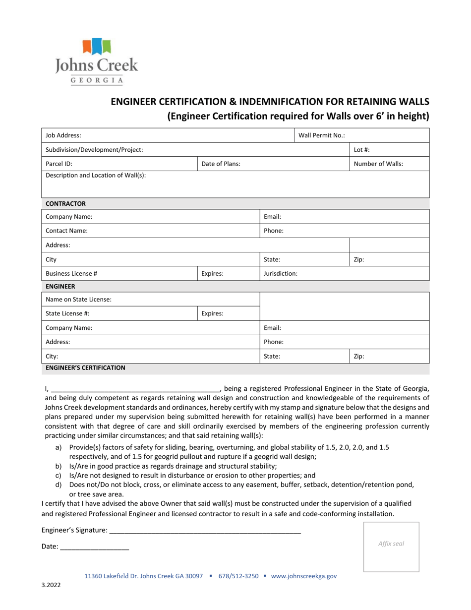 City of Johns Creek, Georgia (United States) Engineer Certification ...