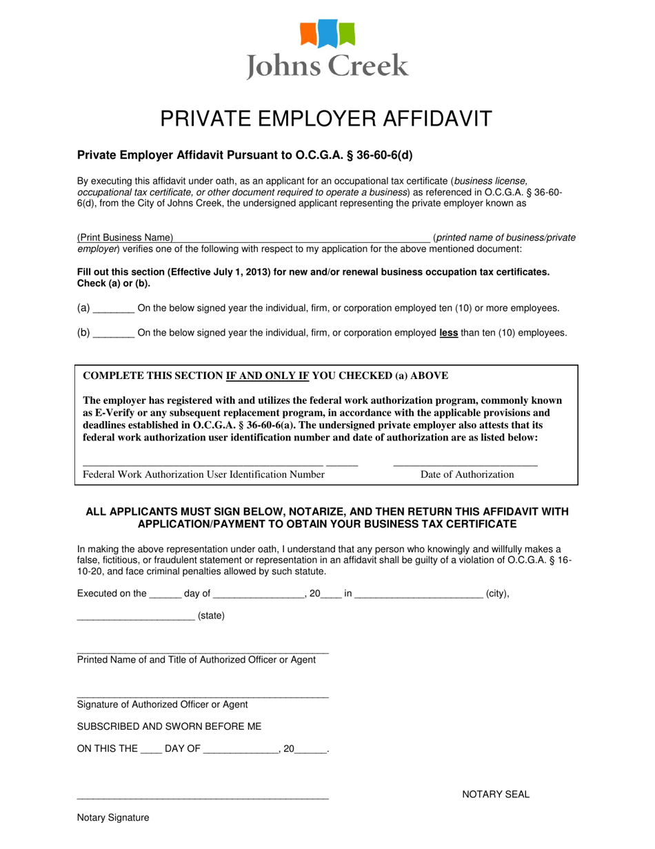 City of Johns Creek, Georgia (United States) Private Employer Affidavit ...