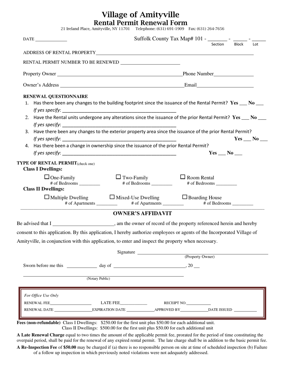 Village of Amityville, New York Rental Permit Renewal Form - Fill Out ...