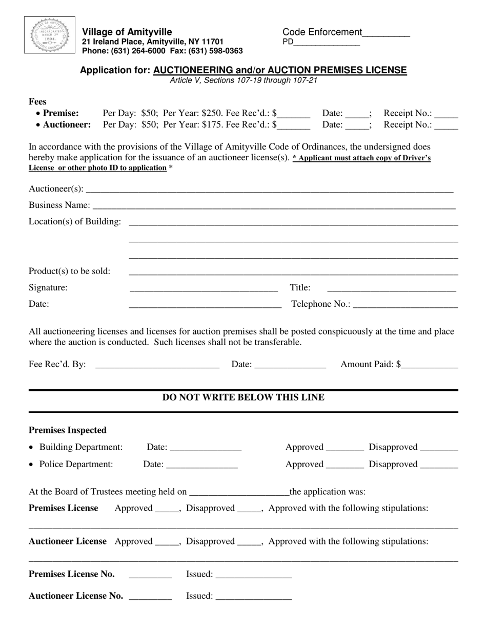Village of Amityville, New York Application for Auctioneering and/or ...