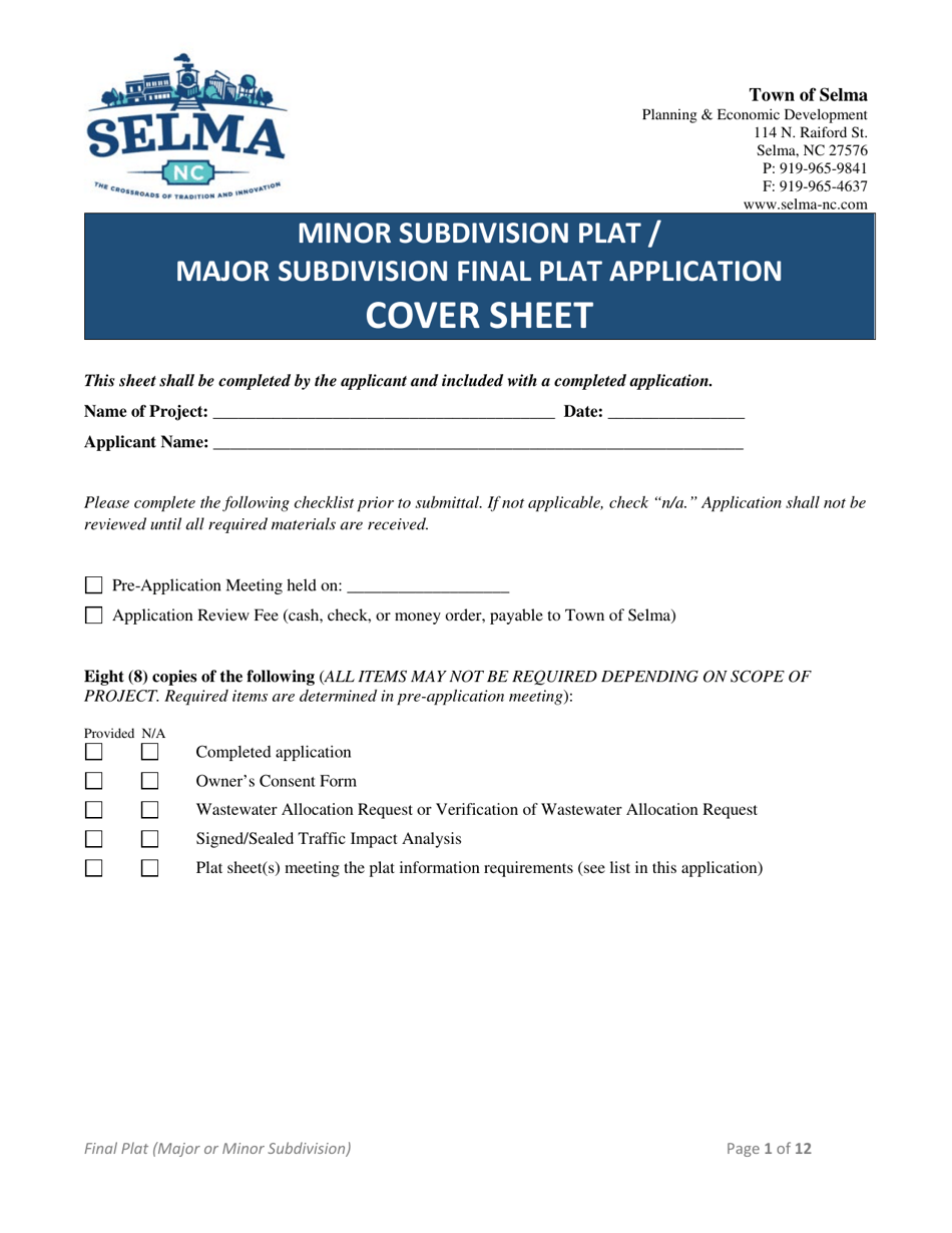 Town of Selma, North Carolina Minor Subdivision Plat/Major Subdivision Final Plat Application ...