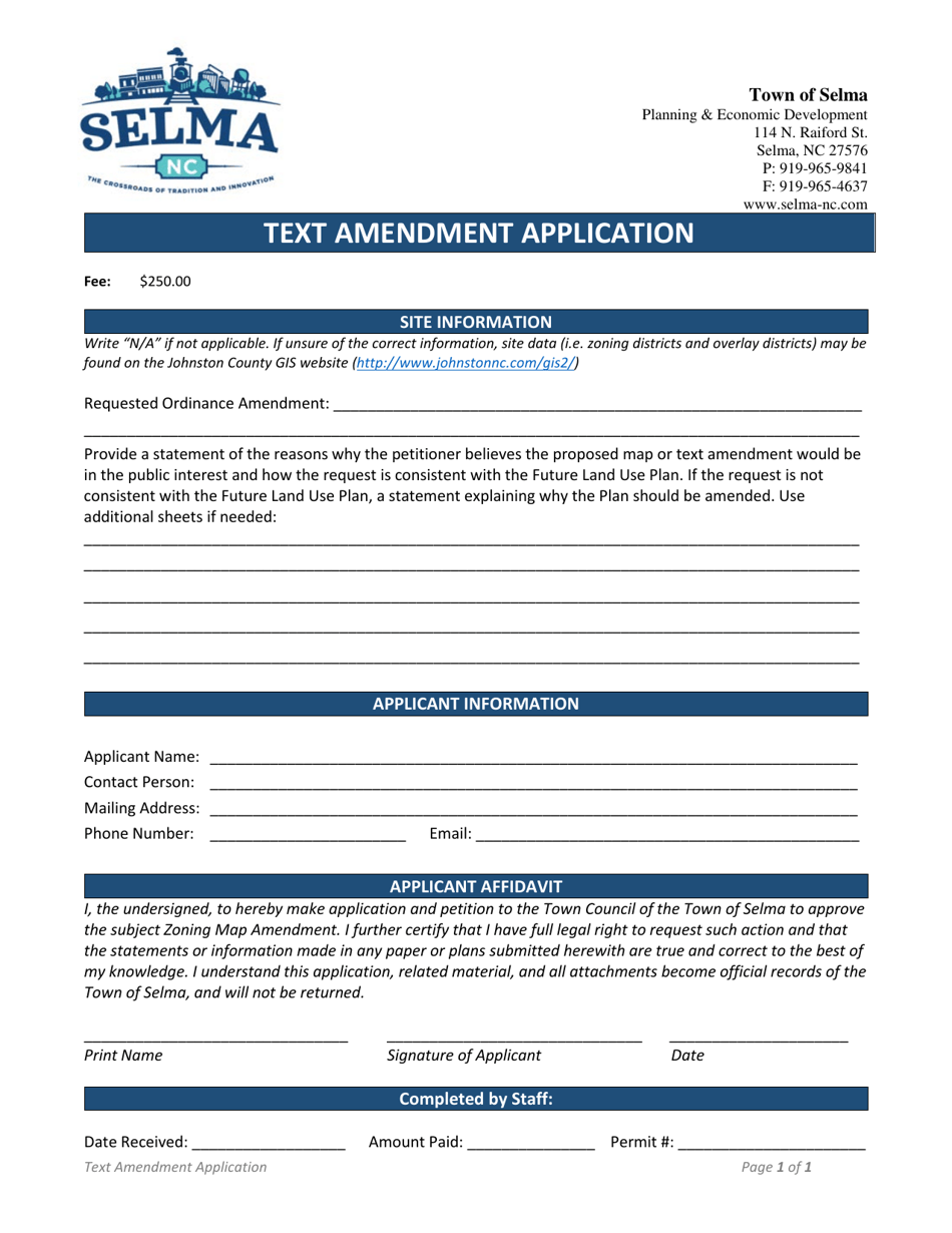 Town of Selma, North Carolina Text Amendment Application - Fill Out, Sign Online and Download ...
