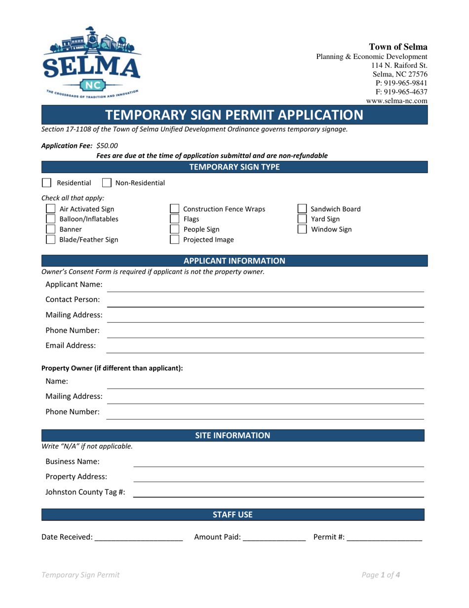 Town of Selma, North Carolina Temporary Sign Permit Application - Fill ...