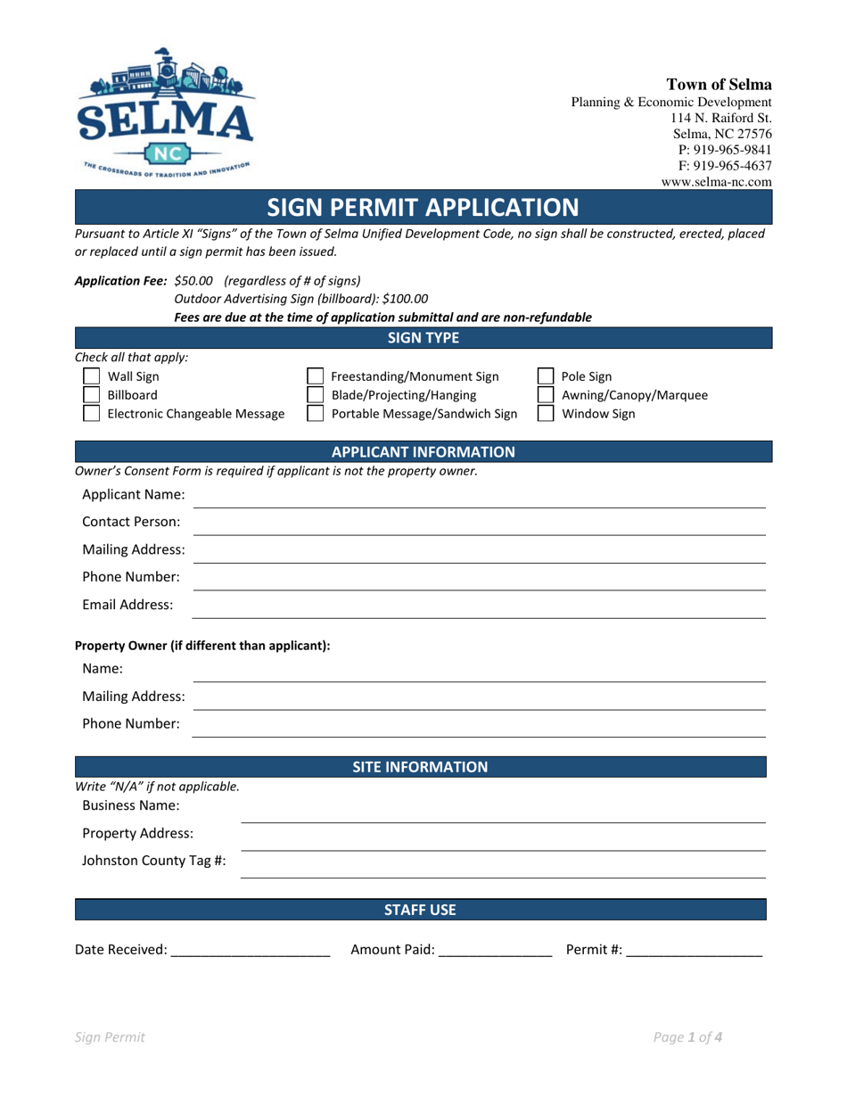 Town of Selma, North Carolina Sign Permit Application - Fill Out, Sign ...