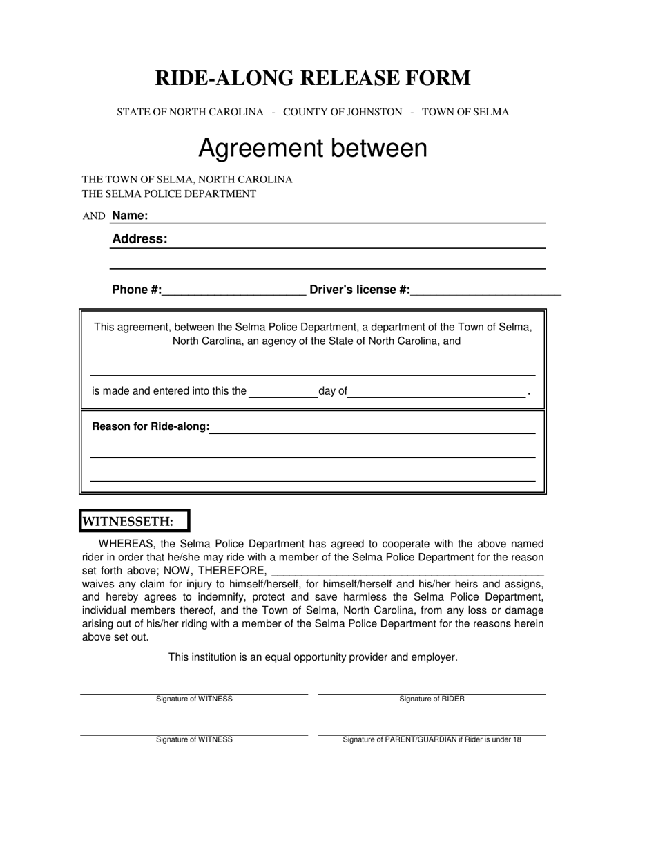 Town of Selma, North Carolina Ride-Along Release Form - Fill Out, Sign ...