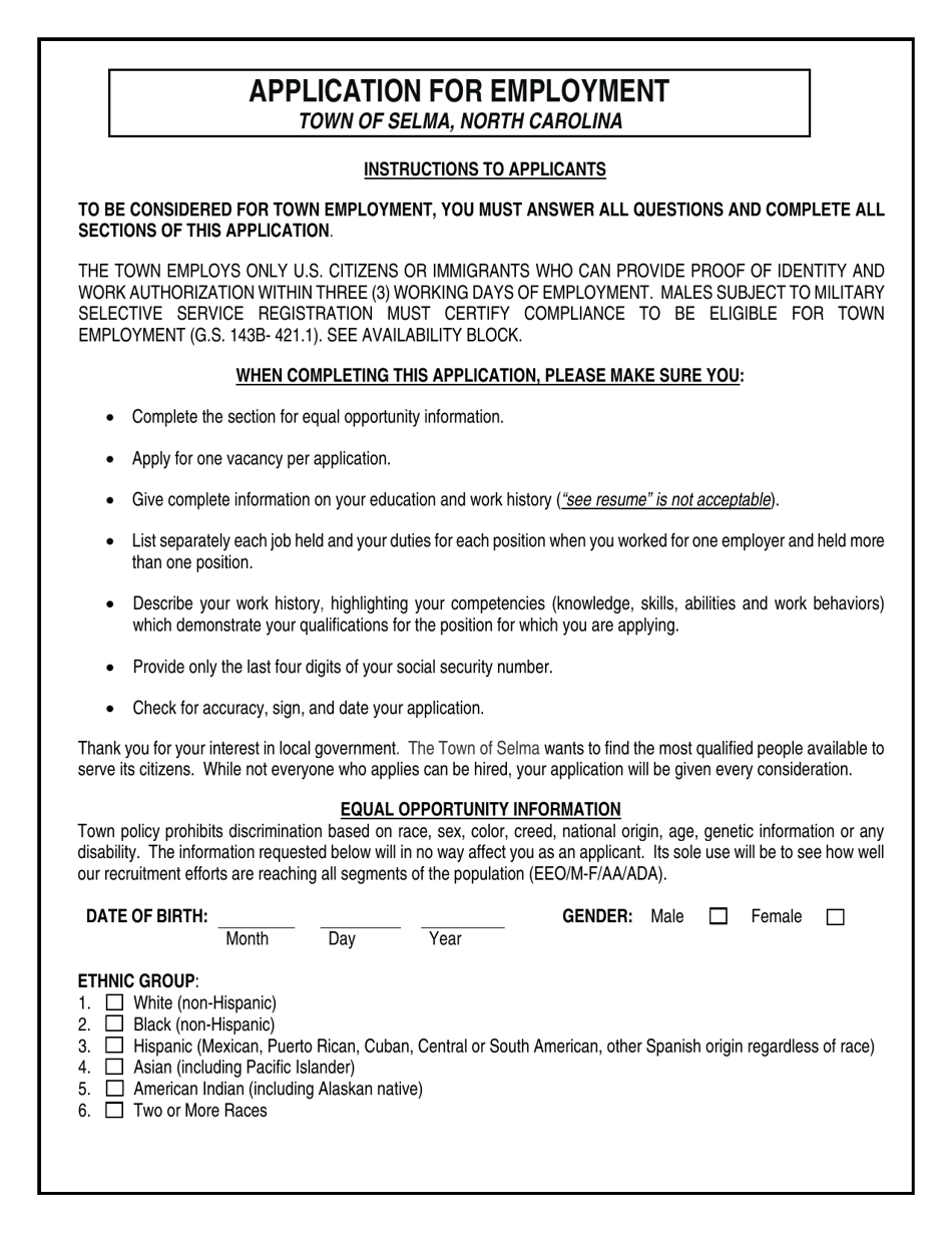 Town of Selma, North Carolina Employment Application - Fill Out, Sign ...