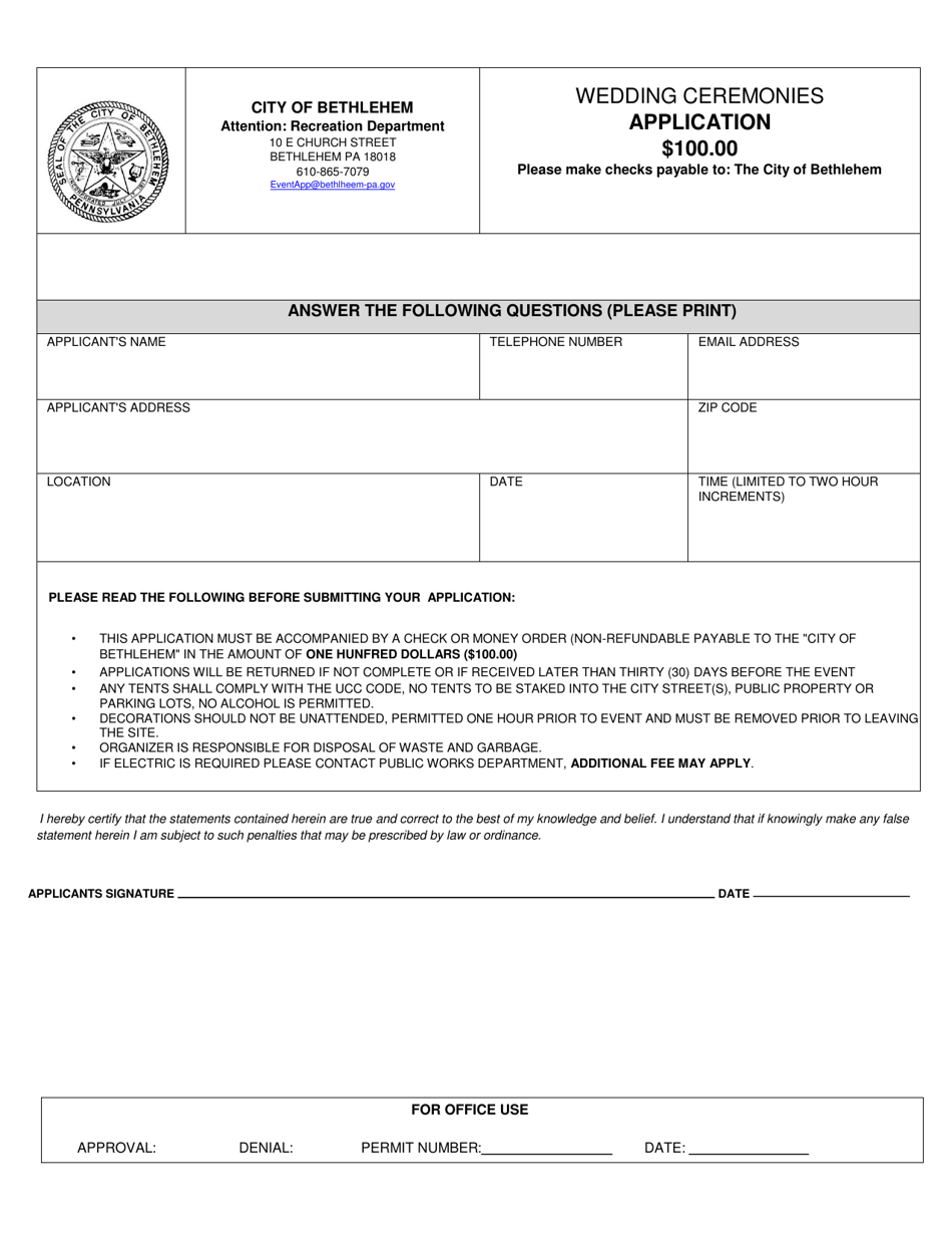 City of Bethlehem, Pennsylvania Wedding Ceremonies Application - Fill ...
