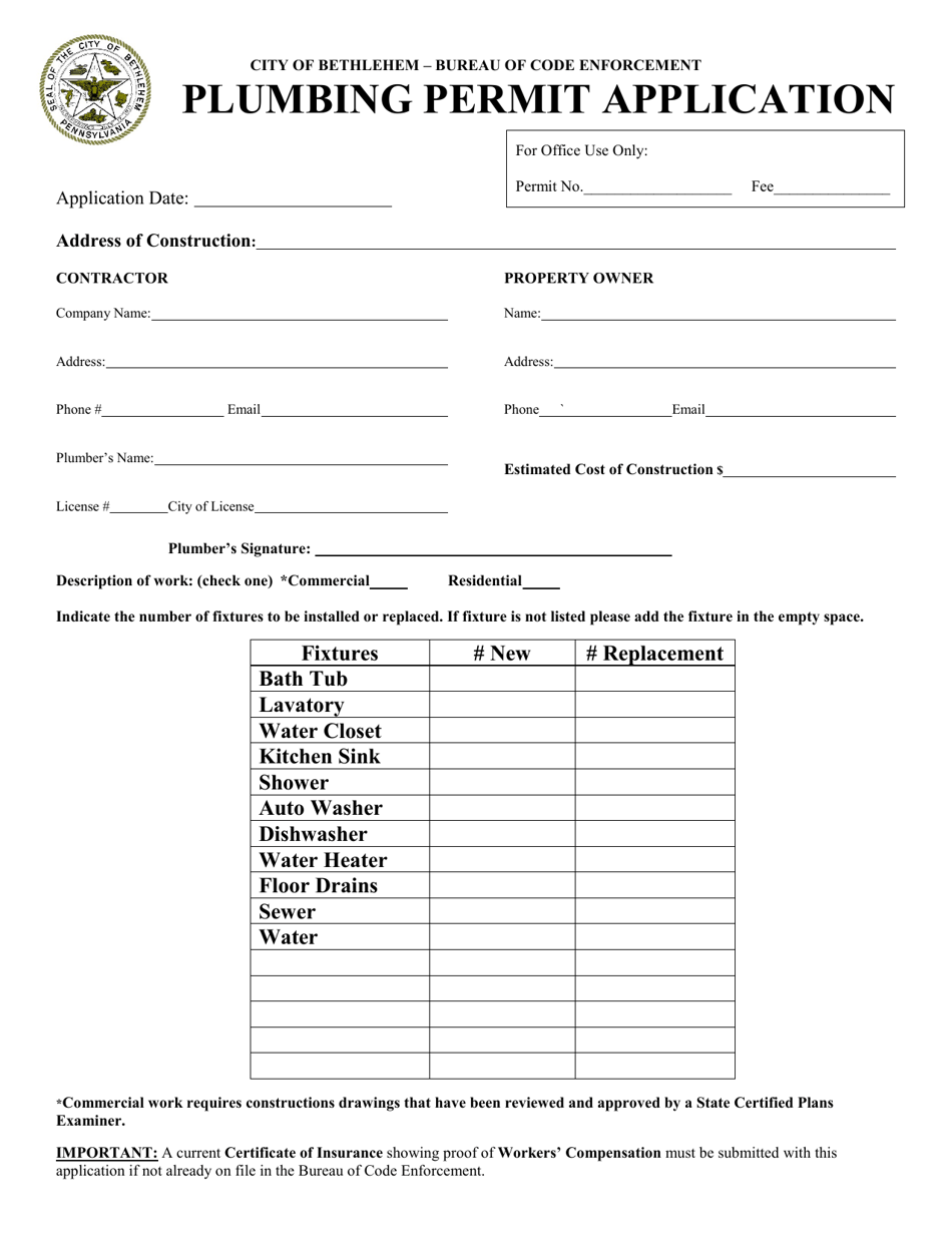 City of Bethlehem, Pennsylvania Plumbing Permit Application - Fill Out ...