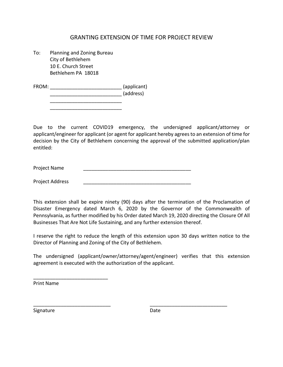 City of Bethlehem, Pennsylvania Granting Extension of Time for Project ...