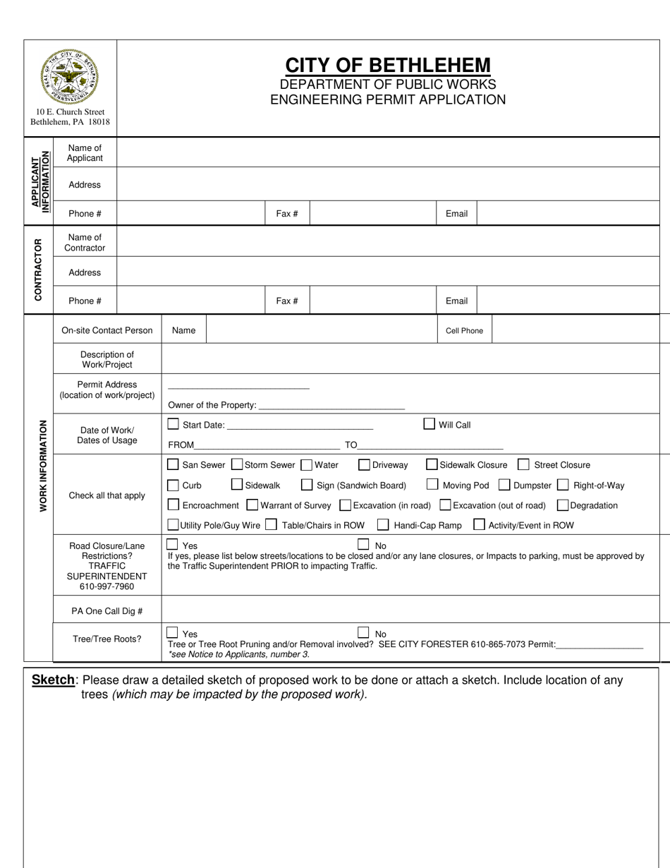 City of Bethlehem, Pennsylvania Engineering Permit Application - Fill Out, Sign Online and ...
