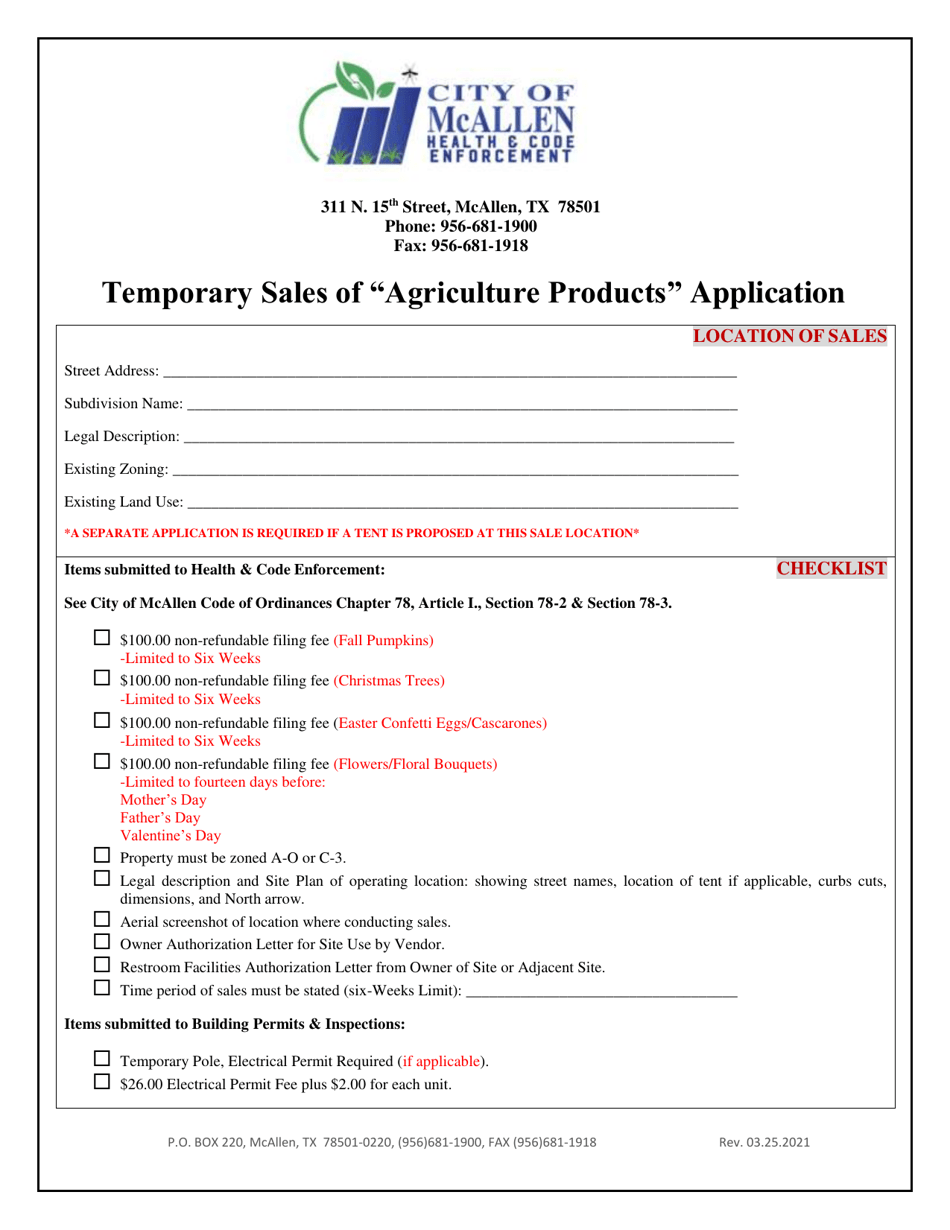 City of McAllen, Texas Temporary Sales of Agriculture Products ...