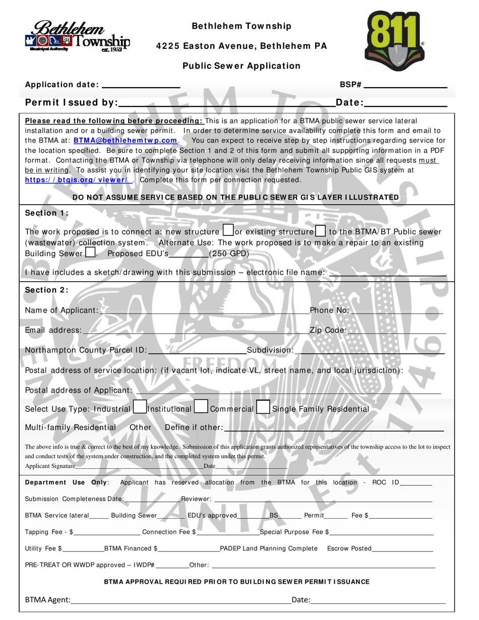 Township of Bethlehem, Pennsylvania Public Sewer Application - Fill Out, Sign Online and ...