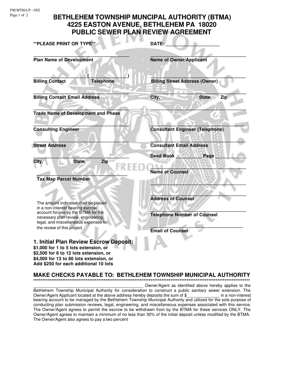 Township of Bethlehem, Pennsylvania Public Sewer Plan Review Agreement - Fill Out, Sign Online ...