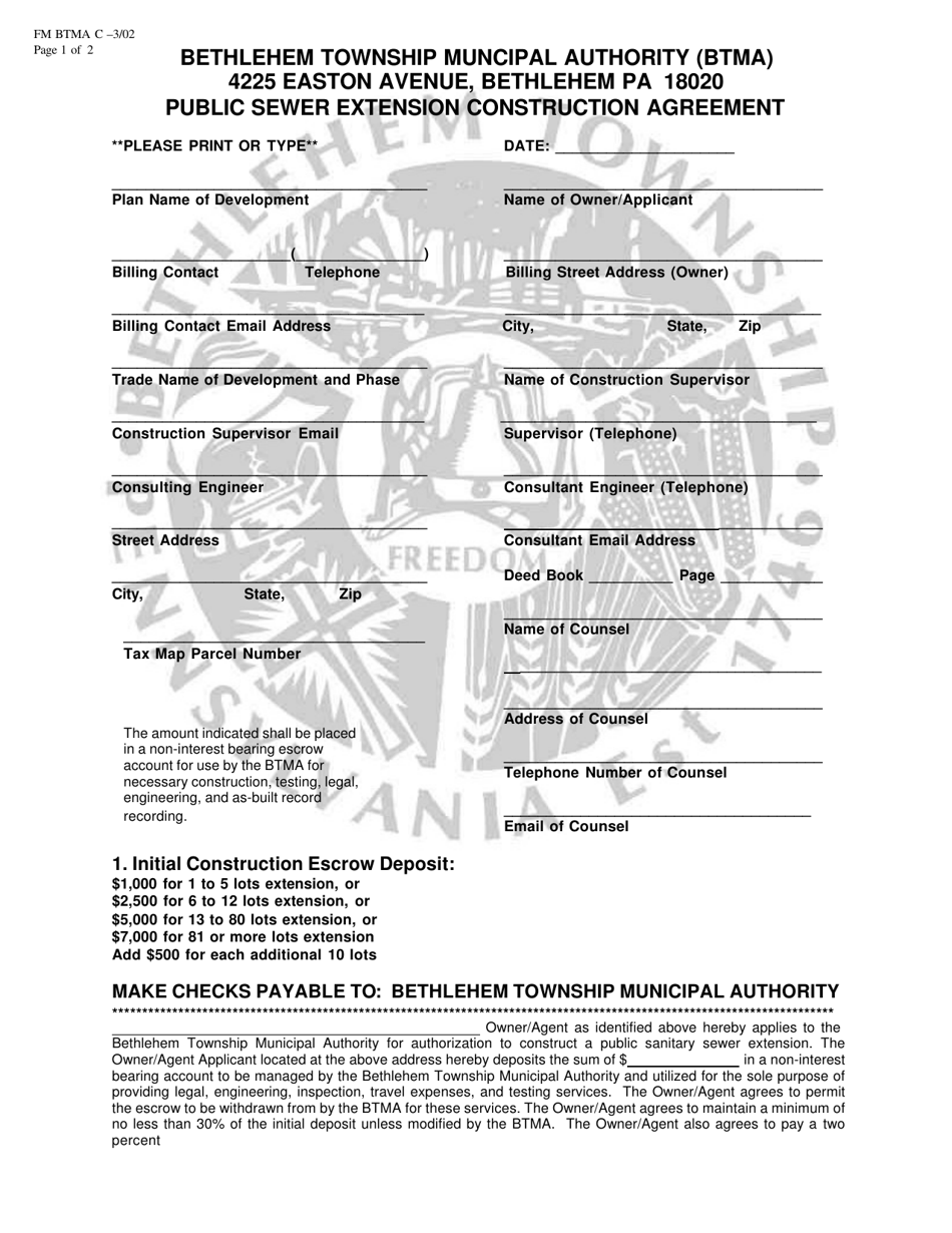 Township of Bethlehem, Pennsylvania Public Sewer Extension Construction ...