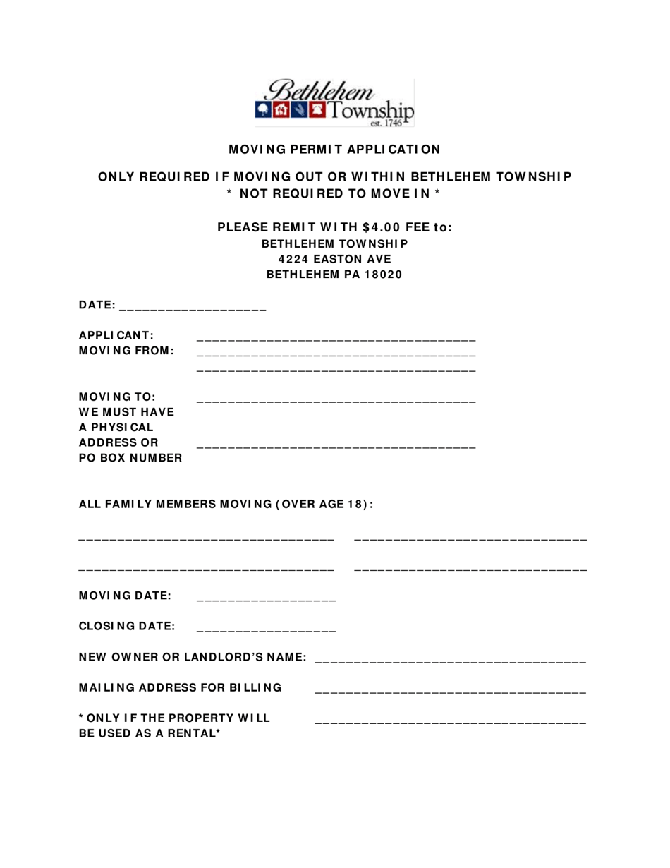 Bethlehem Township, Pennsylvania Moving Permit Application - Fill Out ...
