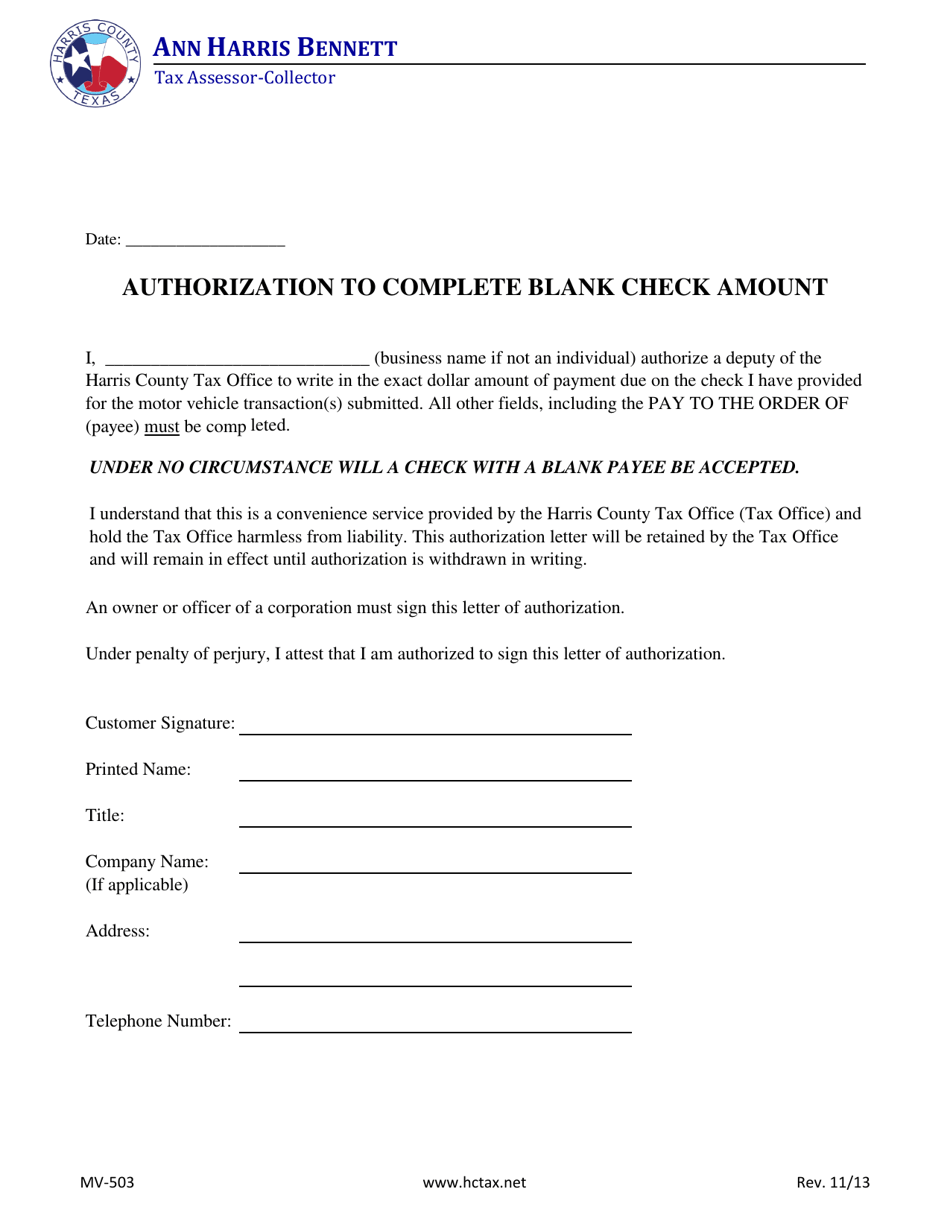 Form MV-503 - Fill Out, Sign Online and Download Fillable PDF, Harris ...