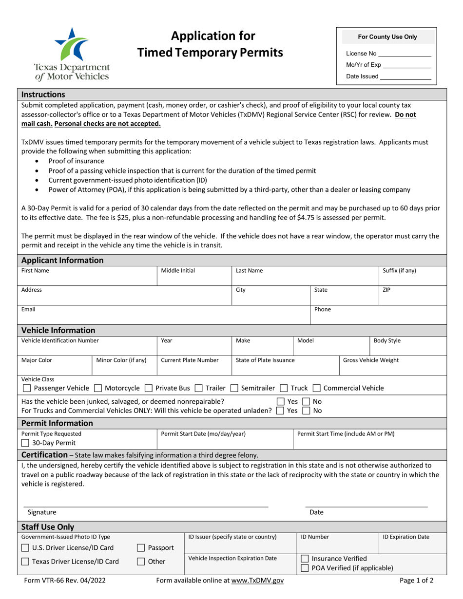 Form VTR-66 - Fill Out, Sign Online and Download Fillable PDF, Texas ...