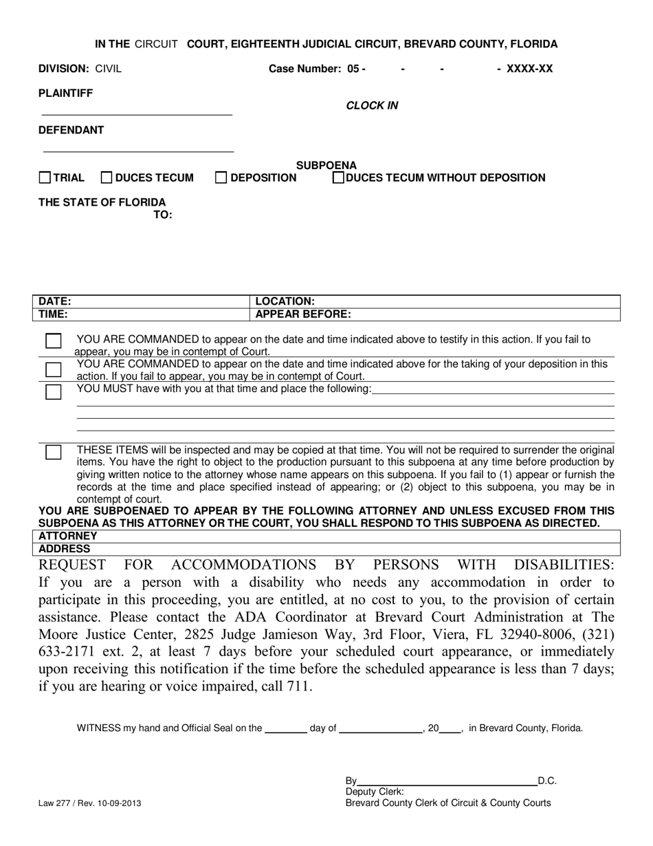 Form LAW277 - Fill Out, Sign Online and Download Fillable PDF, Brevard ...