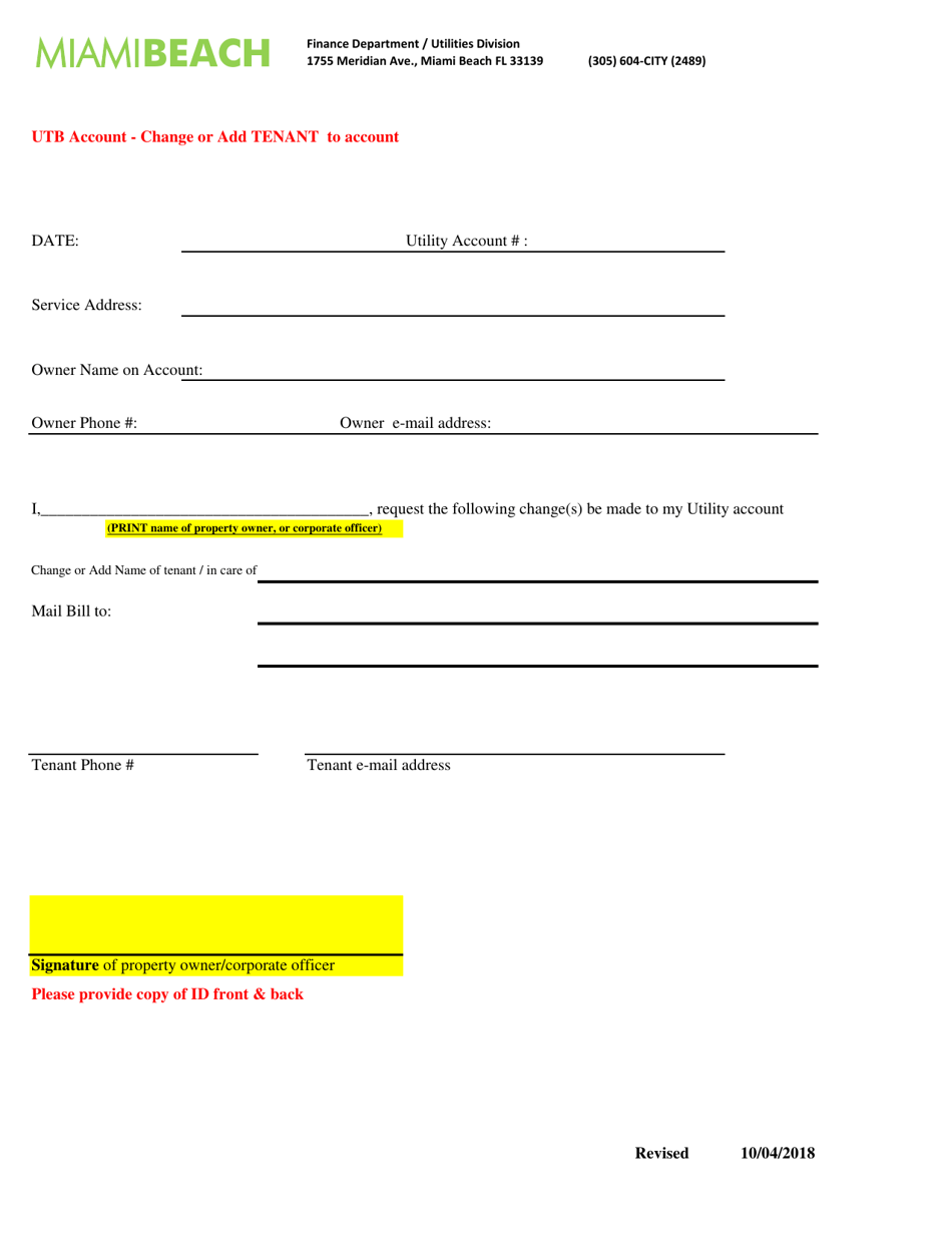 City of Miami Beach, Florida Utb Account - Change or Add Tenant to ...