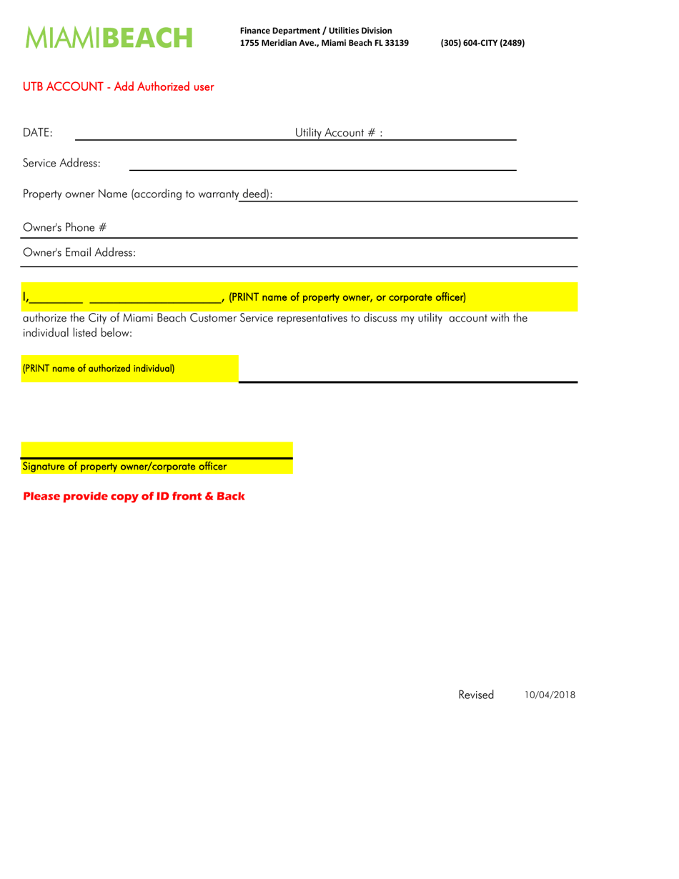 City of Miami Beach, Florida Utb Account - Add Authorized User - Fill ...