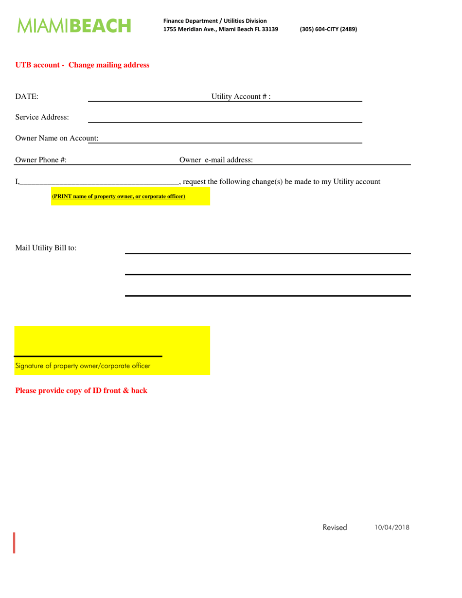 City of Miami Beach, Florida Utb Account - Change of Mailing Address ...