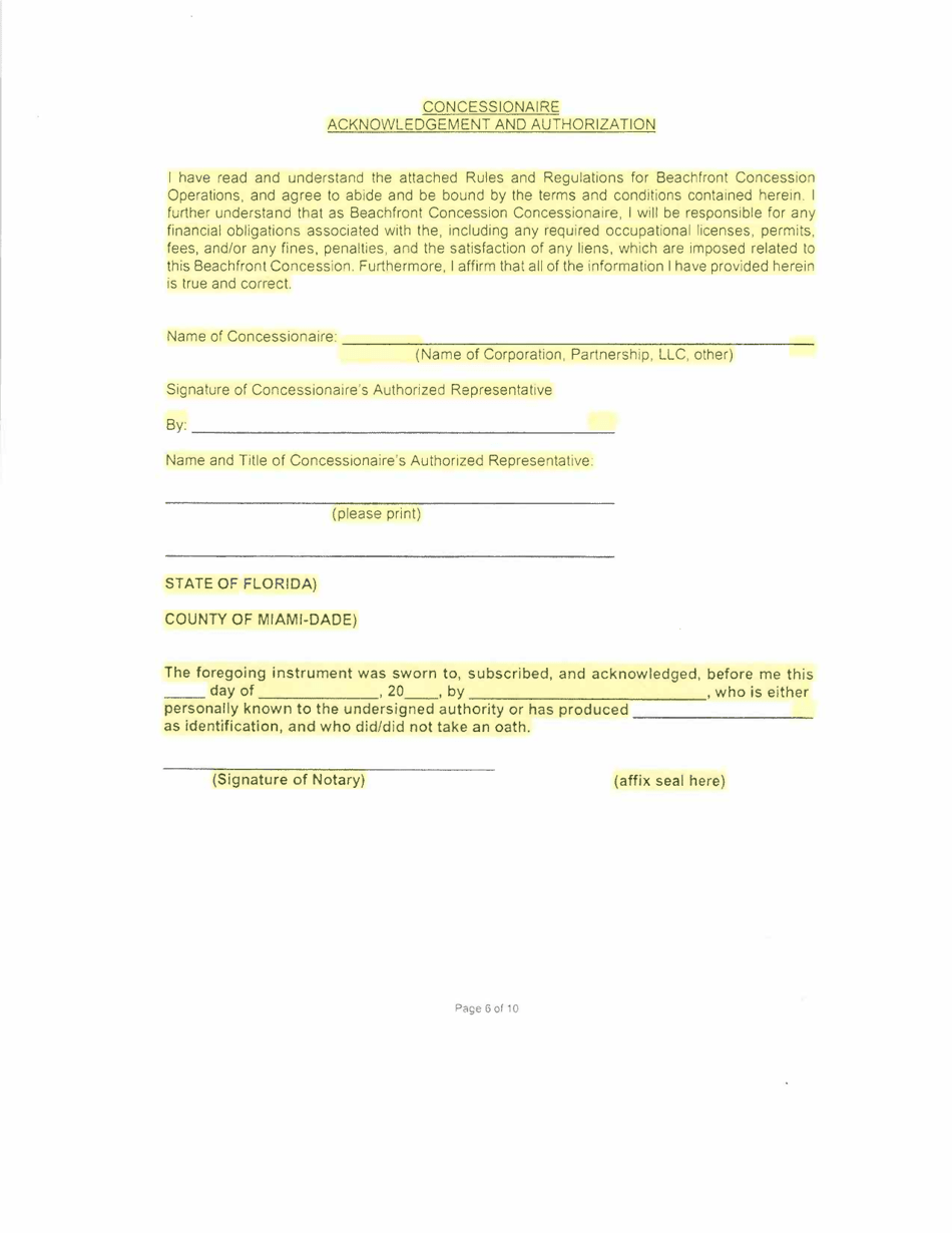 City of Miami Beach, Florida Concessionaire Acknowledgement and ...