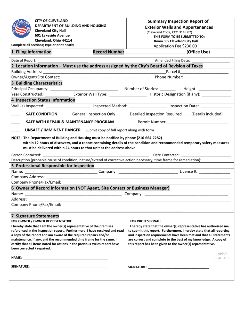 City of Cleveland, Ohio Summary Inspection Report of Exterior Walls and ...