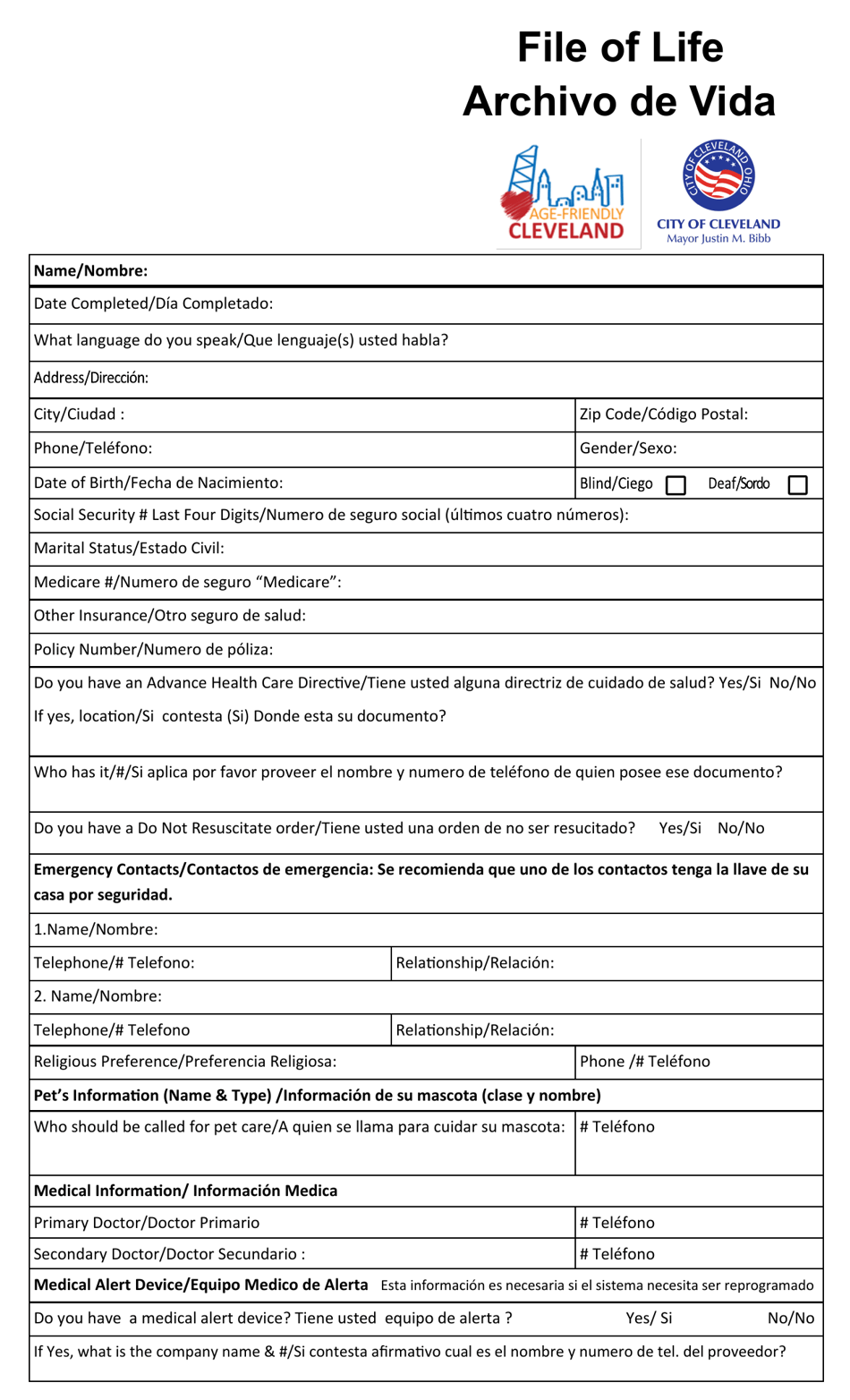 City of Cleveland, Ohio File of Life (English/Spanish) - Fill Out, Sign ...