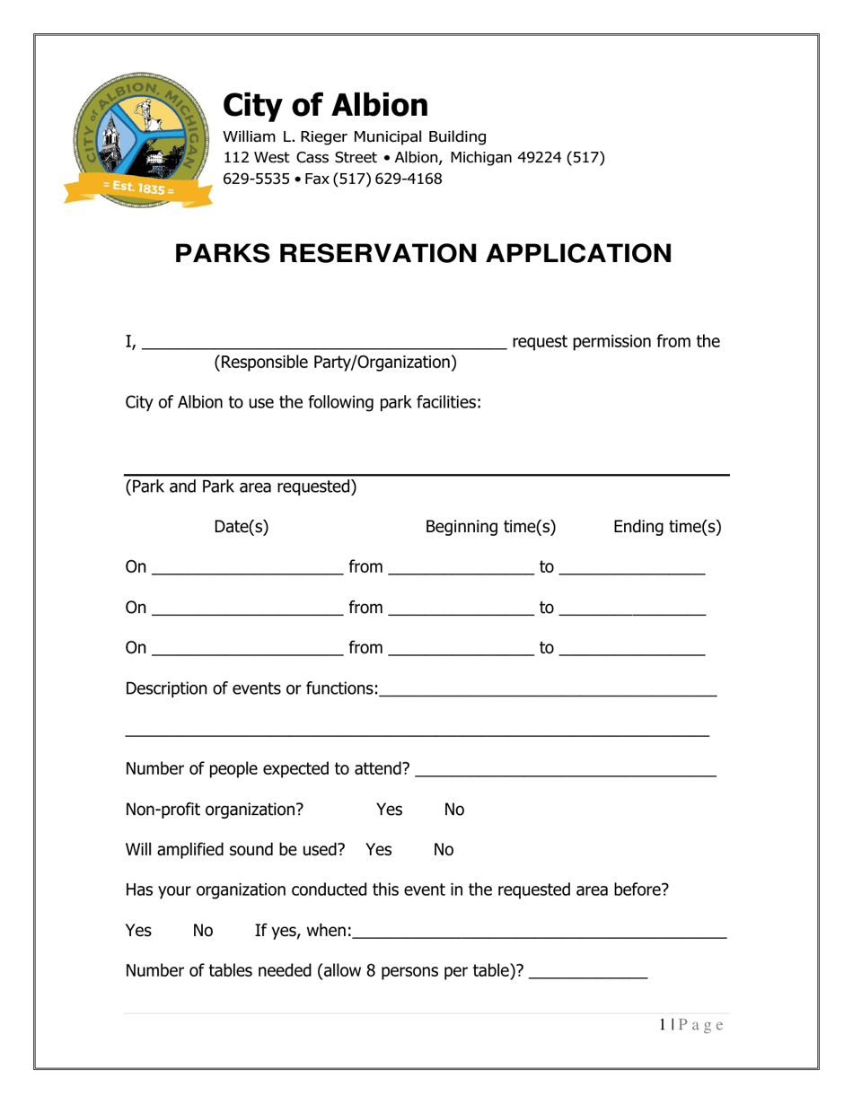 City of Albion, Michigan Parks Reservation Application - Fill Out, Sign ...