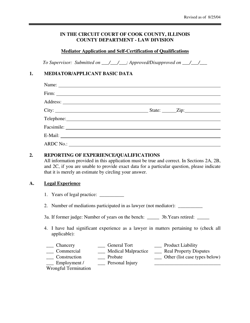 Cook County, Illinois Mediator Application and Self-certification of Qualifications - Fill Out ...