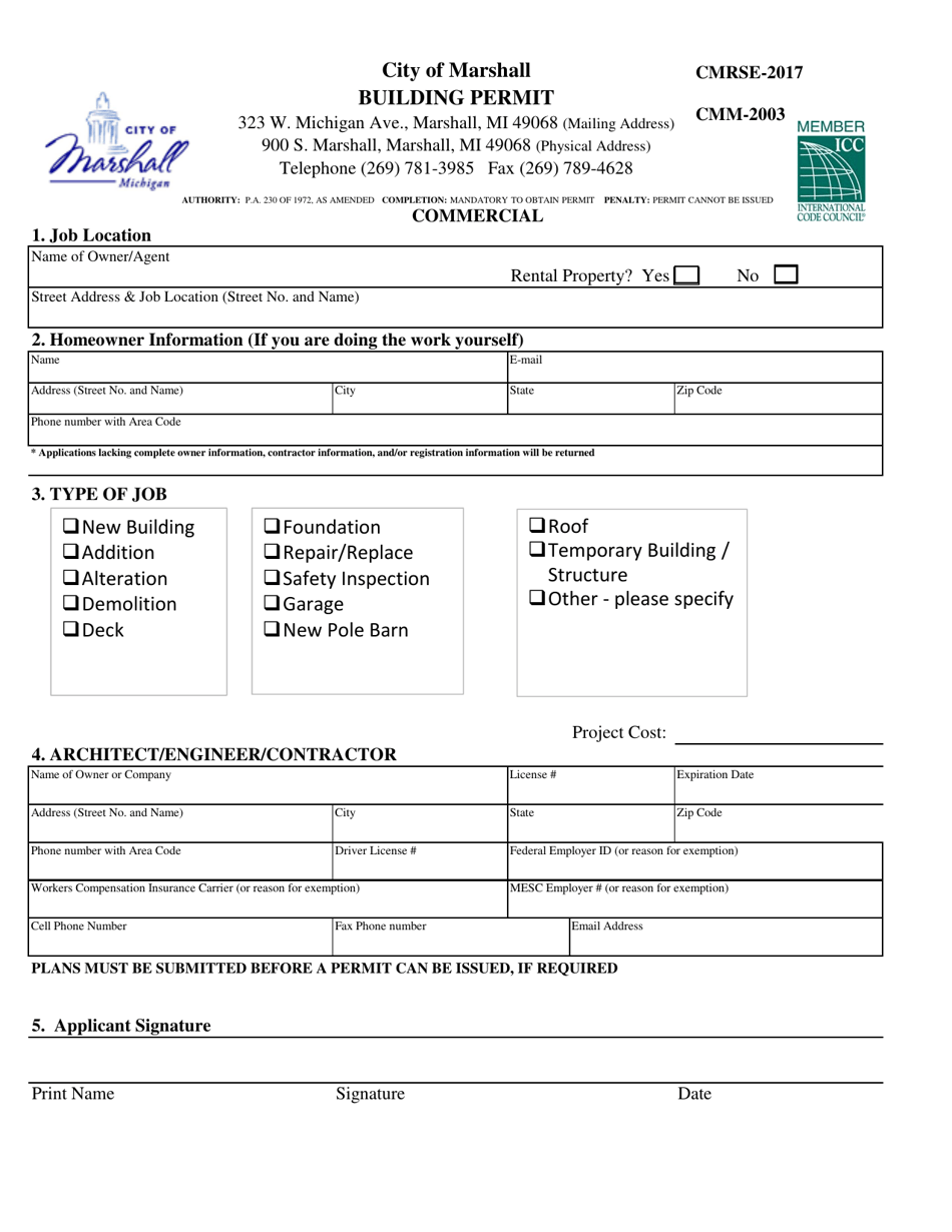 City of Marshall, Michigan Commercial Building Permit - Fill Out, Sign ...
