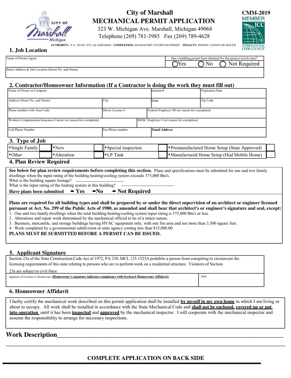 City of Marshall, Michigan Mechanical Permit Application - Fill Out ...