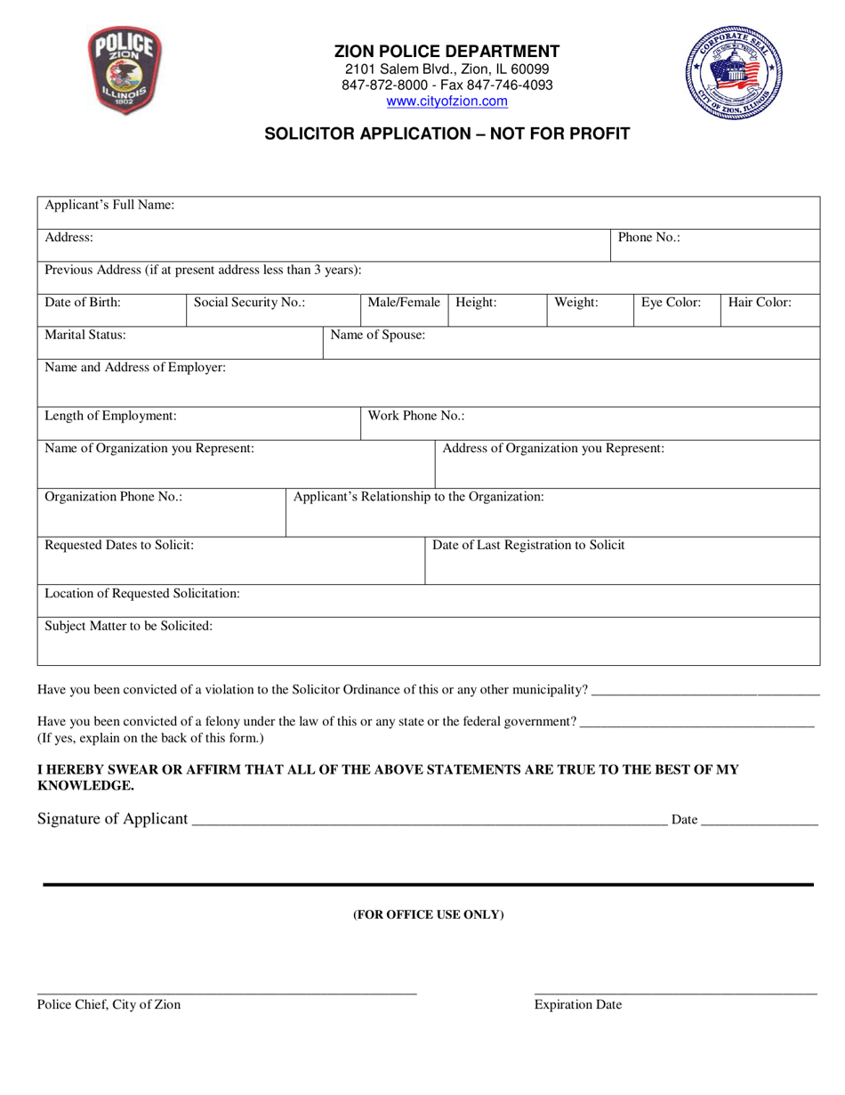 City of Zion, Illinois Solicitor Application - Not for Profit - Fill ...