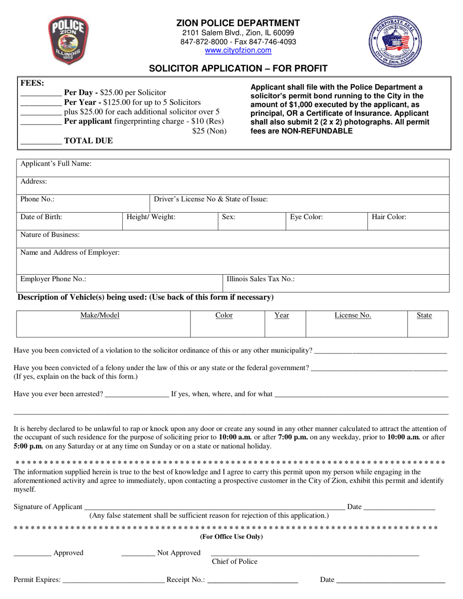 City of Zion, Illinois Solicitor Application - for Profit - Fill Out ...